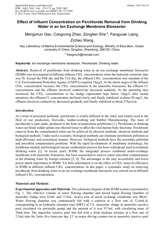 Effect of Influent Concentration on Perchlorate Removal from Drinking ...