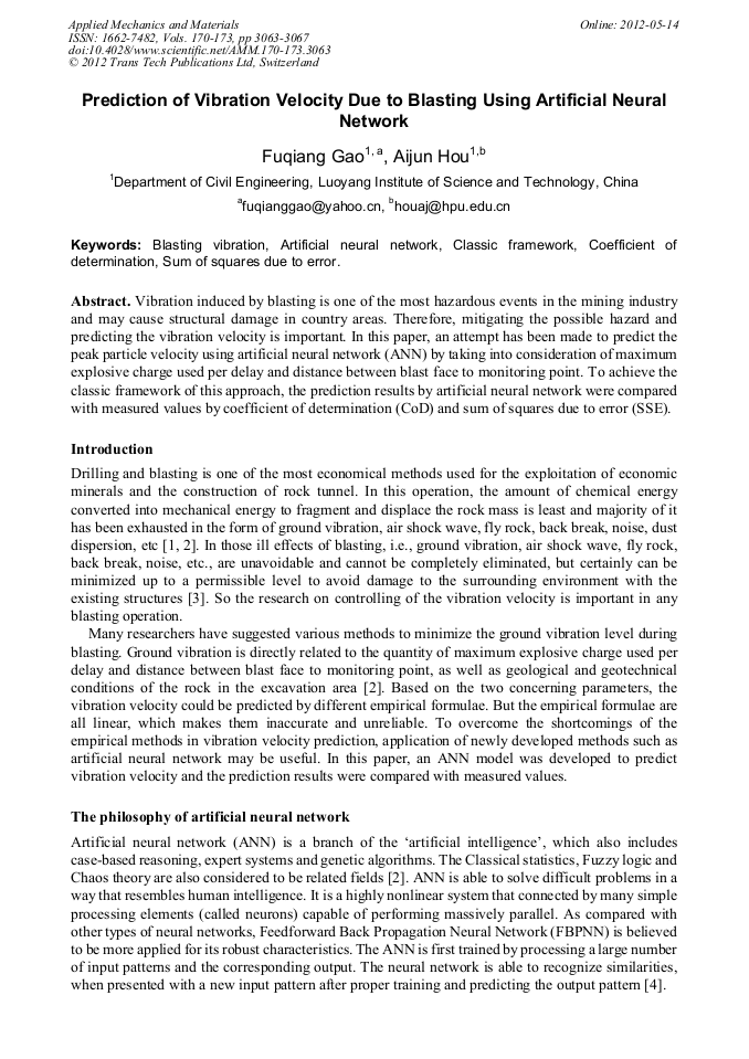 Prediction Of Vibration Velocity Due To Blasting Using Artificial Neural Network Scientificnet