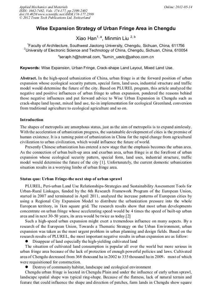 Wise Expansion Strategy of Urban Fringe Area in Chengdu | Scientific.Net