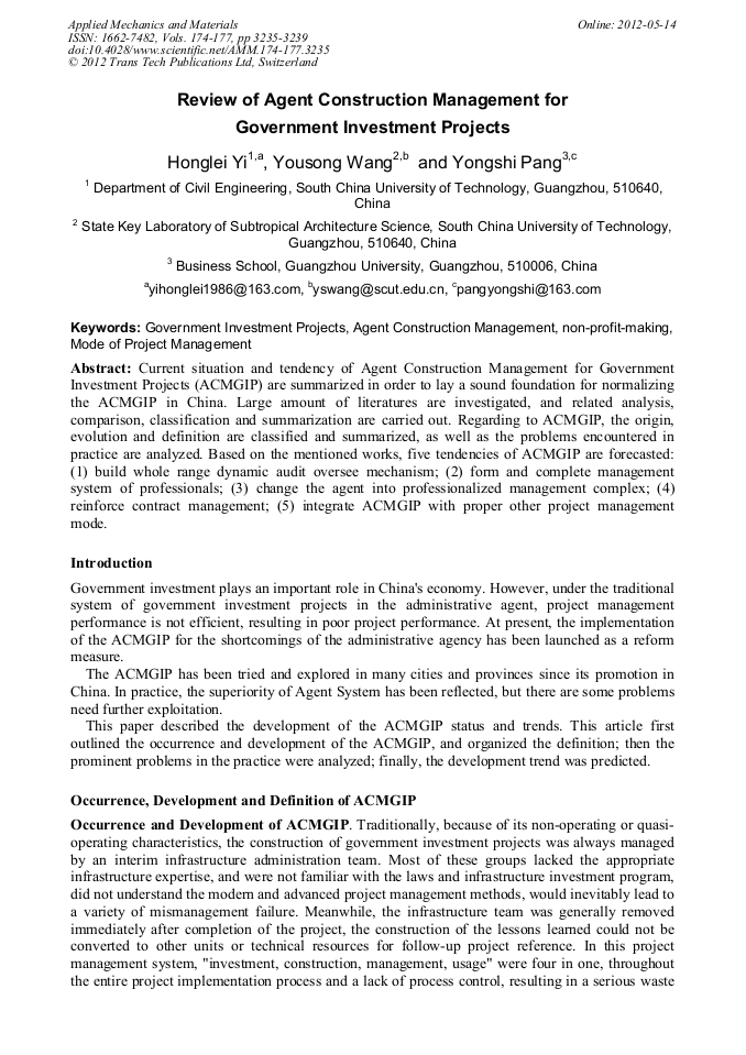 Review of Agent Construction Management for Government Investment ...