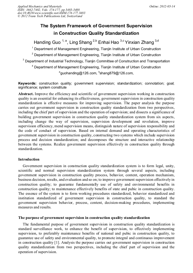 The System Framework of Government Supervision in Construction Quality ...
