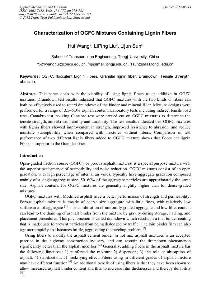Characterization of OGFC Mixtures Containing Lignin Fibers | Scientific.Net