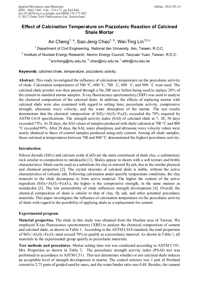 Effect of Calcination Temperature on Pozzolanic Reaction of Calcined Shale Mortar | Scientific.Net
