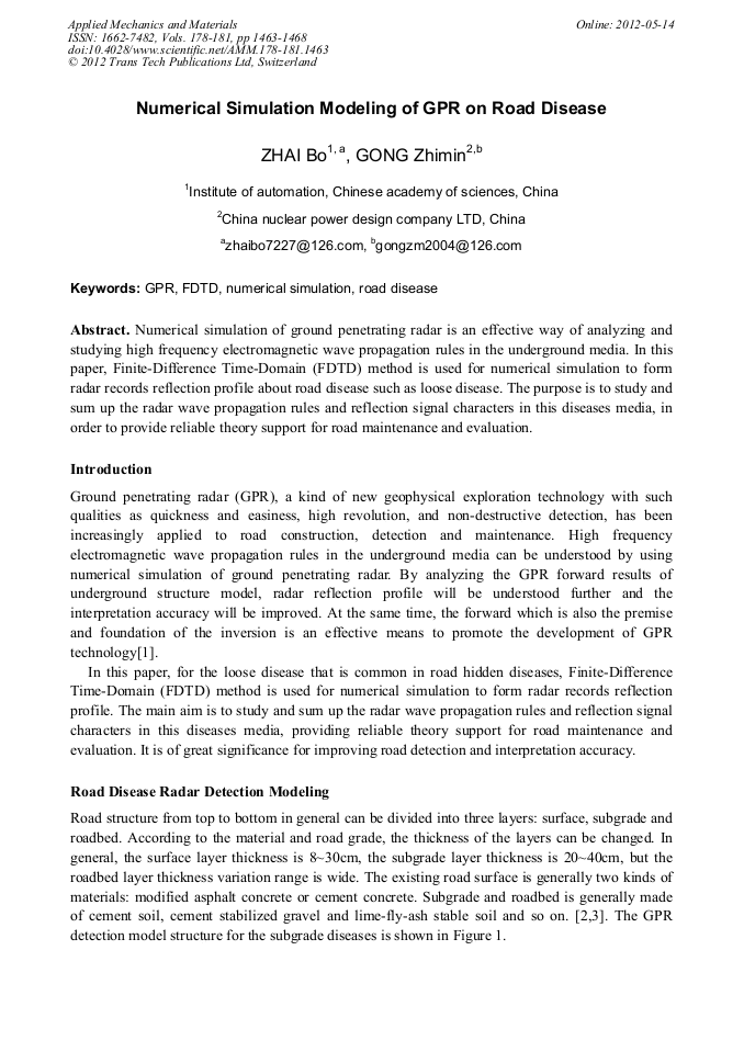 Numerical Simulation Modeling of GPR on Road Disease | Scientific.Net