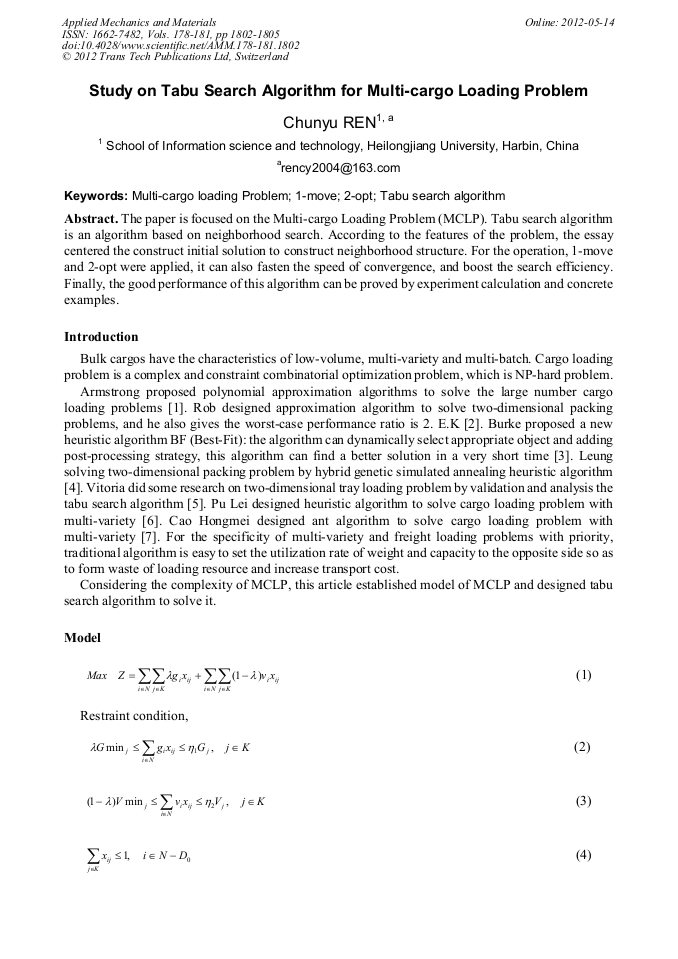 Study on Tabu Search Algorithm for Multi-Cargo Loading Problem ...