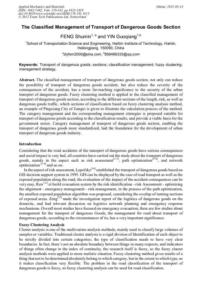 The Classified Management of Transport of Dangerous Goods Section ...