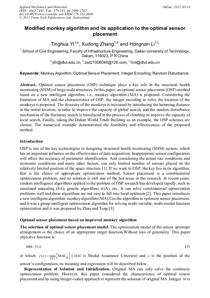 Modified Monkey Algorithm and its Application to the Optimal Sensor Placement | Scientific.Net