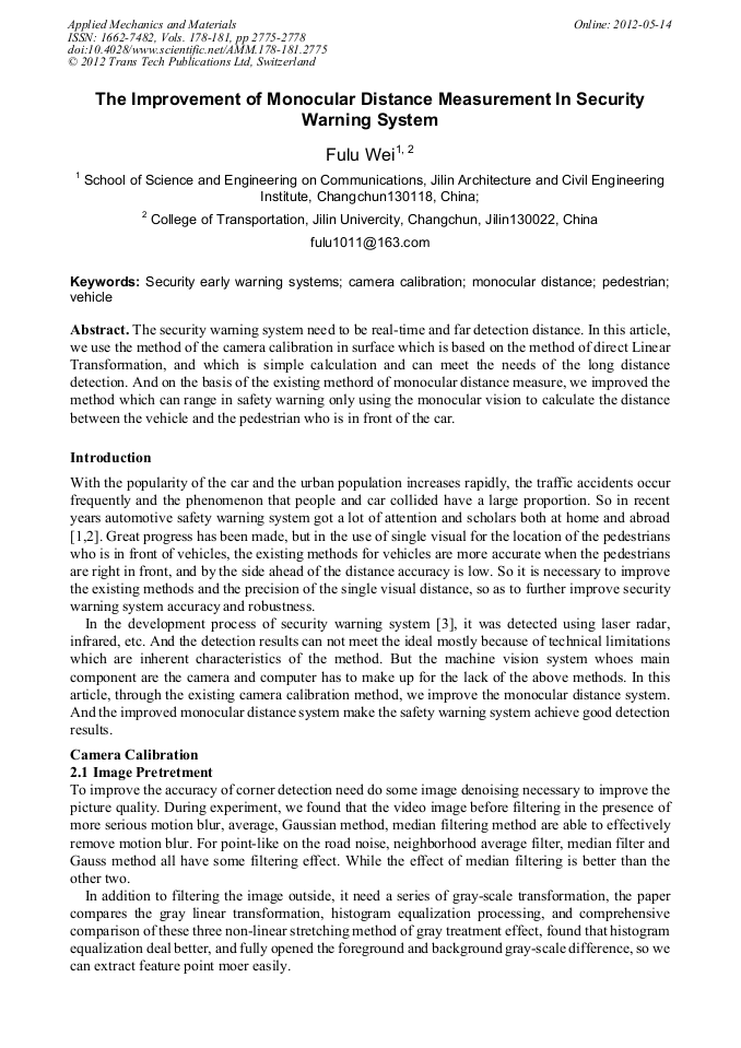 The Improvement of Monocular Distance Measurement in Security Warning ...