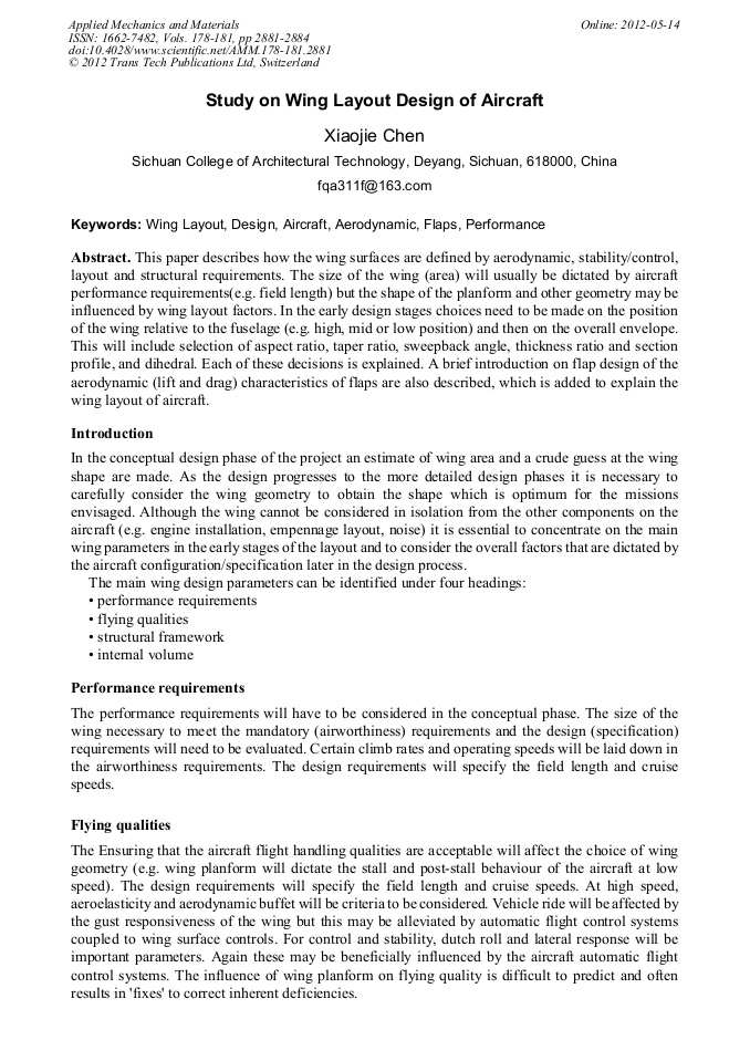 Study on Wing Layout Design of Aircraft | Scientific.Net