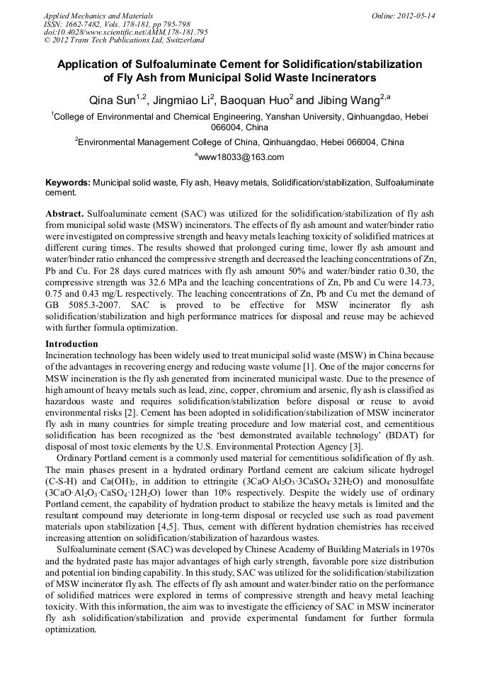 Application of Sulfoaluminate Cement for Solidification/Stabilization ...