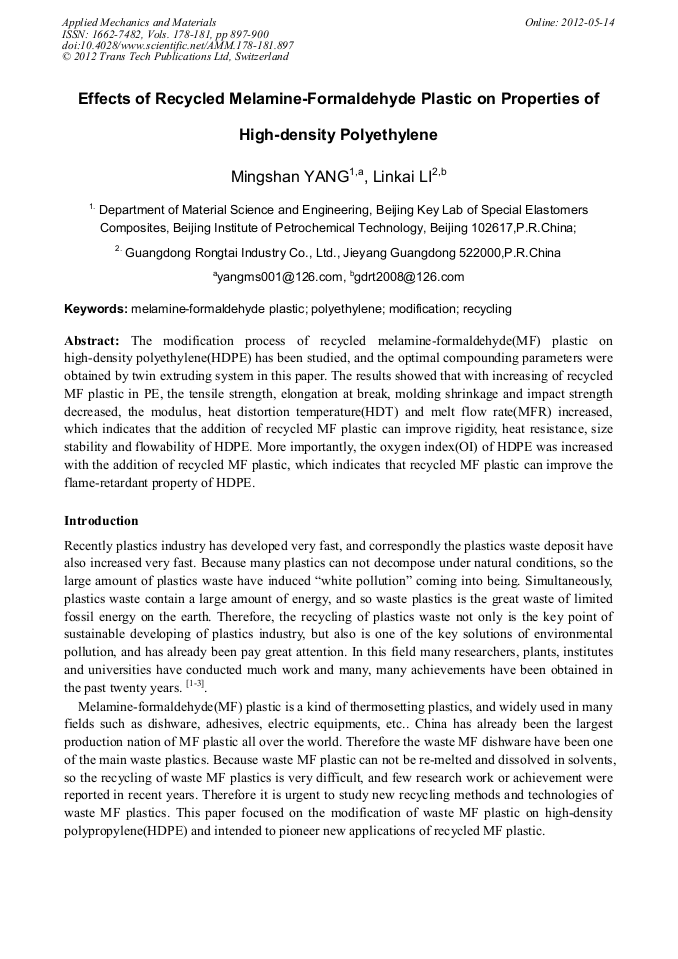 Effects of Recycled Melamine-Formaldehyde Plastic on Properties of High ...