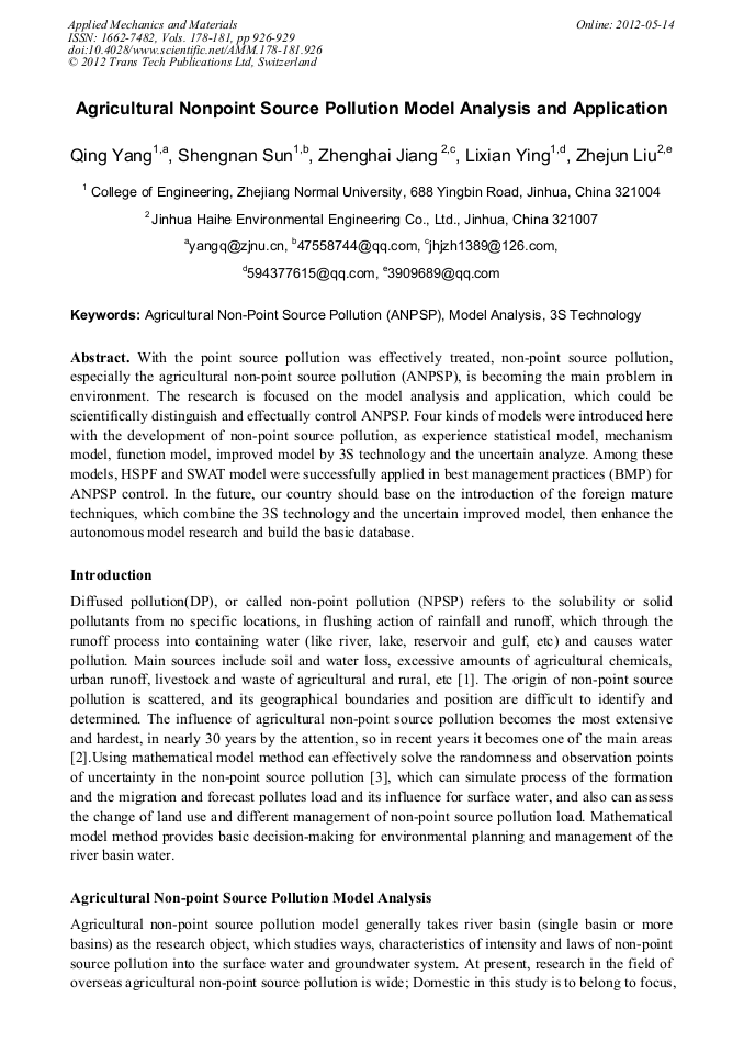Agricultural Nonpoint Source Pollution Model Analysis and Application | Scientific.Net