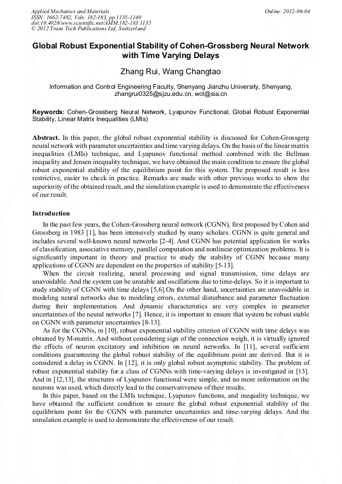 Global Robust Exponential Stability of Cohen-Grossberg Neural Network ...