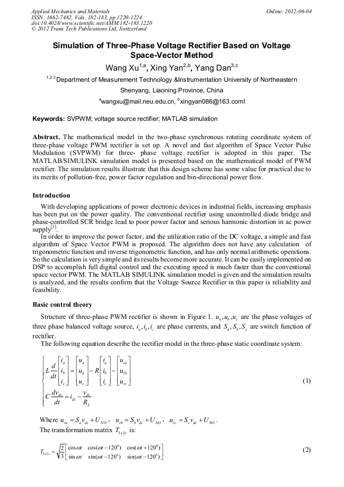 Simulation of Three-Phase Voltage Rectifier Based on Voltage Space ...