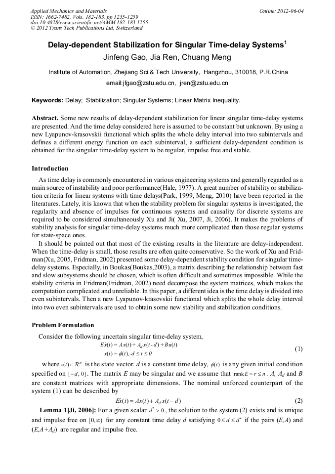 Delay-Dependent Stabilization for Singular Time-Delay Systems | Scientific.Net