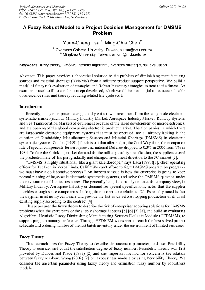 A Fuzzy Robust Model to a Project Decision Management for DMSMS Problem ...