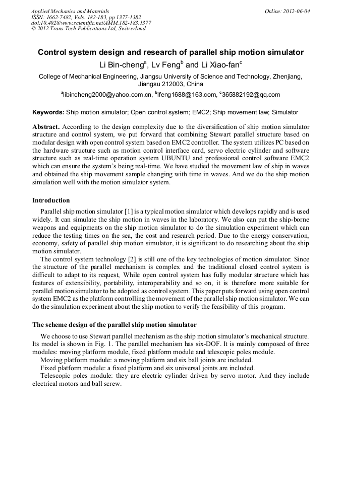 Control System Design and Research of Parallel Ship Motion Simulator ...