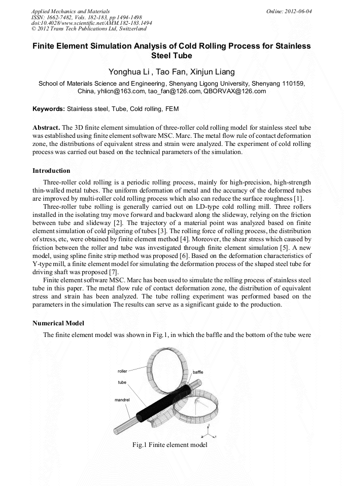 Finite Element Simulation Analysis of Cold Rolling Process for Stainless Steel Tube | Scientific.Net