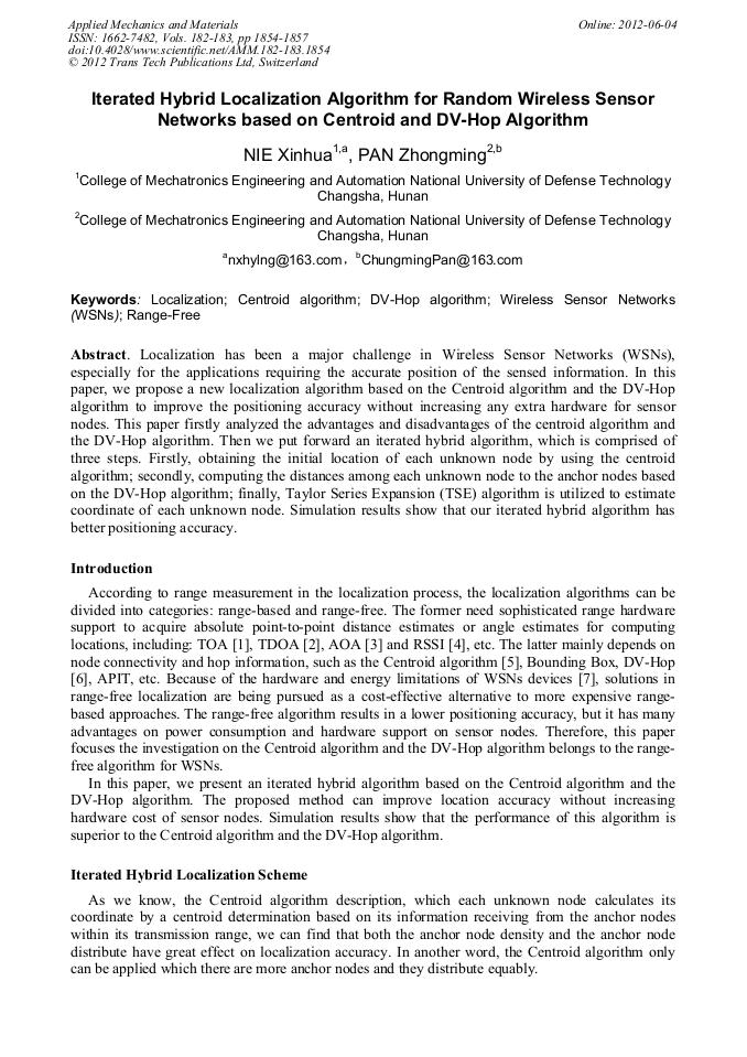 Iterated Hybrid Localization Algorithm for Random Wireless Sensor Networks Based on Centroid and ...