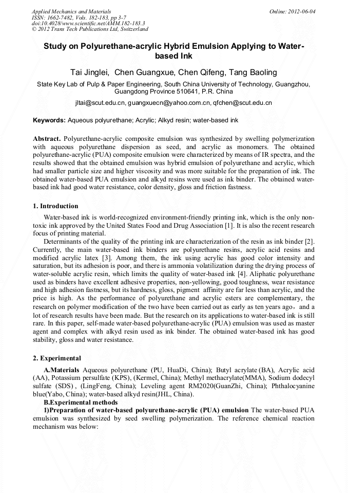 Study on Polyurethane-Acrylic Hybrid Emulsion Applying to Water-Based ...