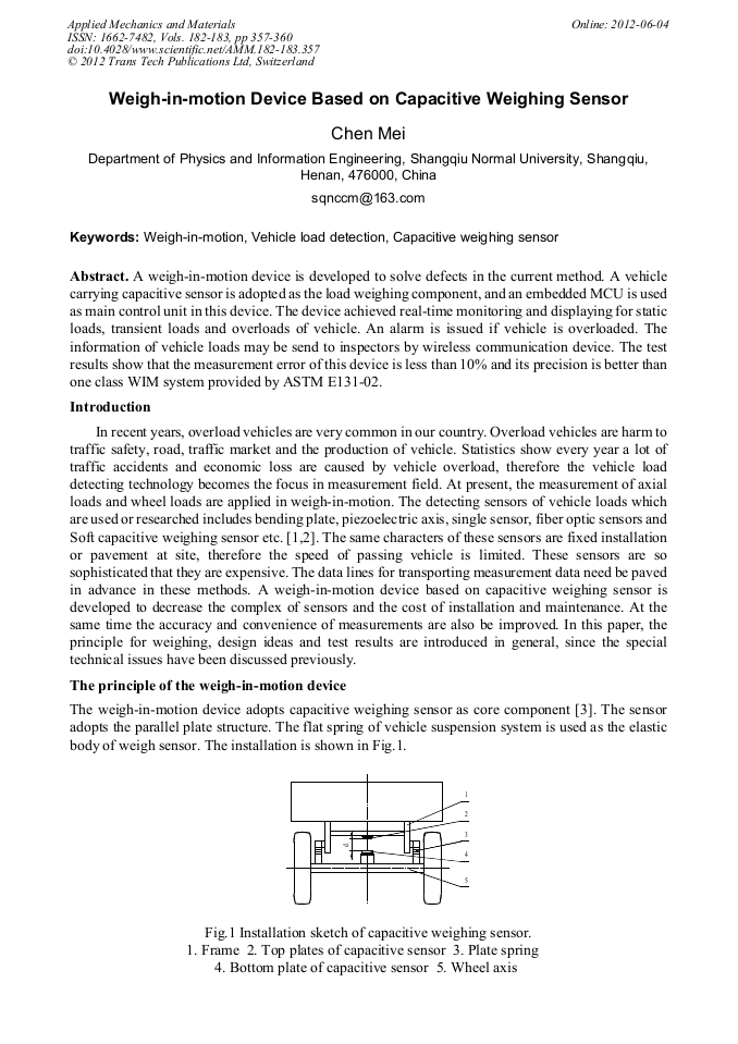 Weigh-in-Motion Device Based on Capacitive Weighing Sensor | Scientific.Net