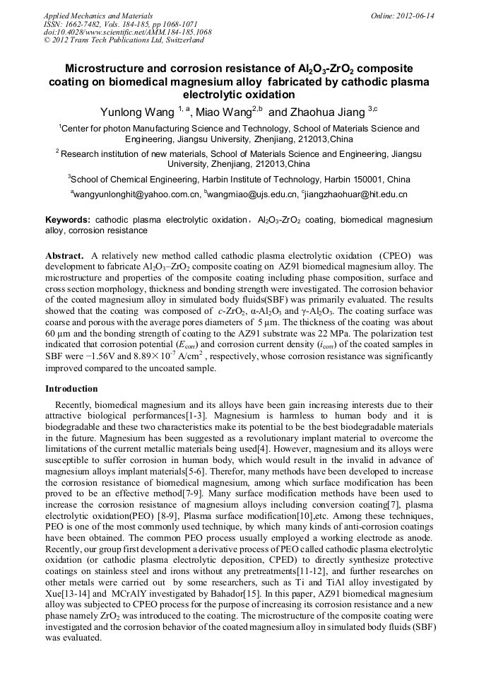 Microstructure and Corrosion Resistance of Al2O3-ZrO2 Composite Coating on Biomedical Magnesium ...