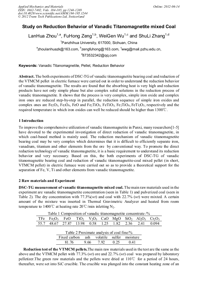 Study on Reduction Behavior of Vanadic Titanomagnetite Mixed Coal ...