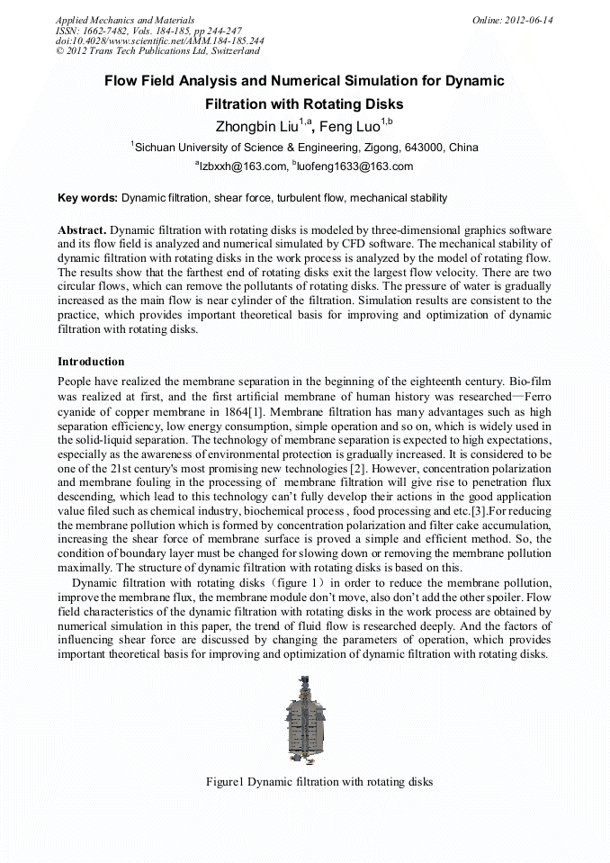 Flow Field Analysis and Numerical Simulation for Dynamic Filtration ...