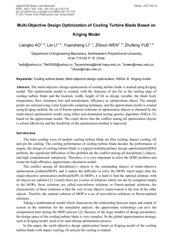 Multi-Objective Design Optimization of Cooling Turbine Blade Based on ...