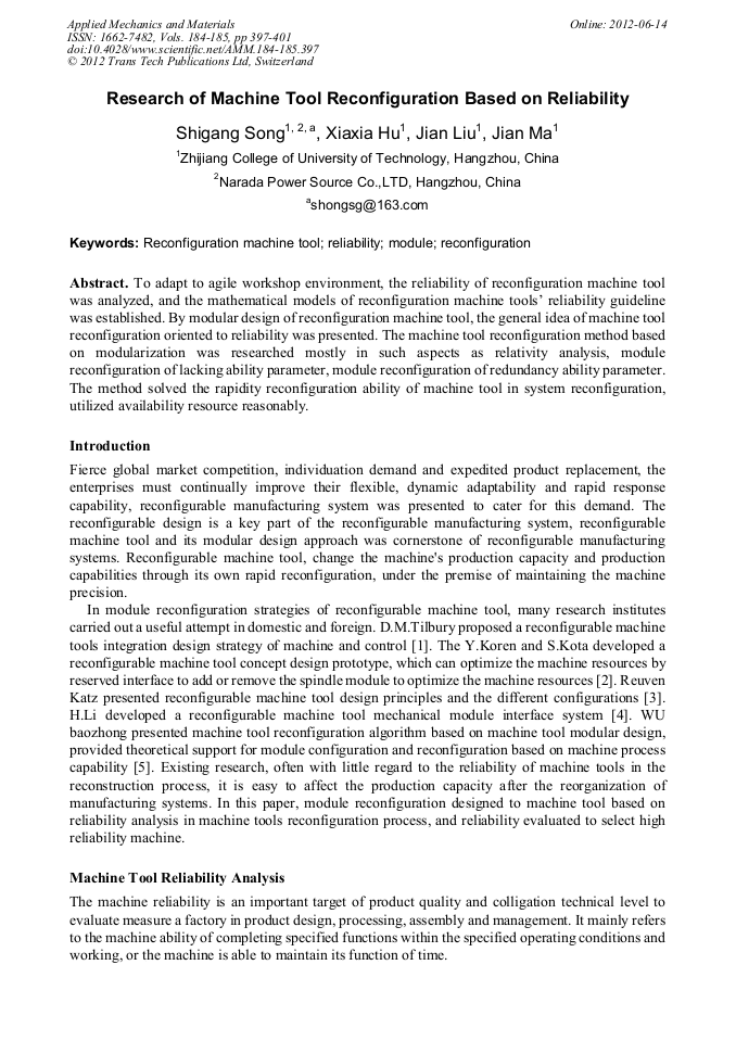 Research of Machine Tool Reconfiguration Based on Reliability | Scientific.Net