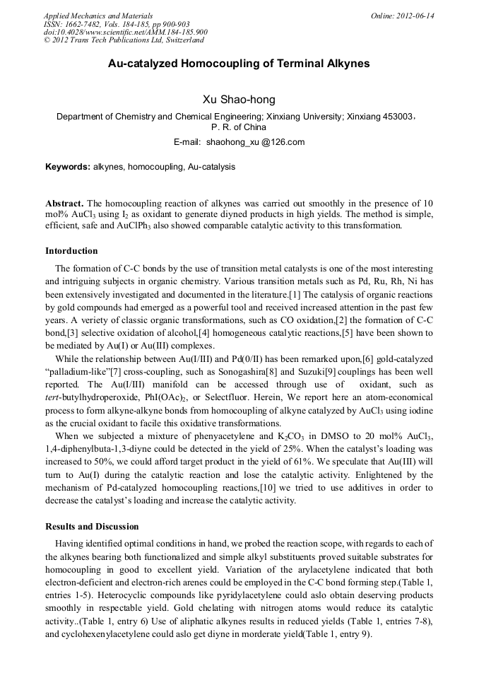 Au-Catalyzed Homocoupling of Terminal Alkynes | Scientific.Net