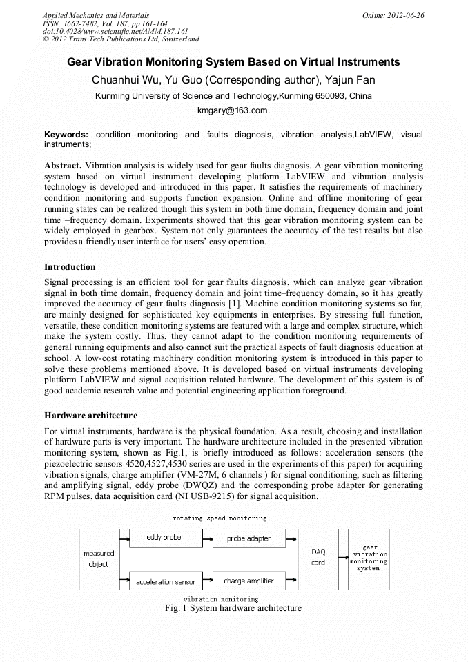 Gear Vibration Monitoring System Based on Virtual Instruments ...