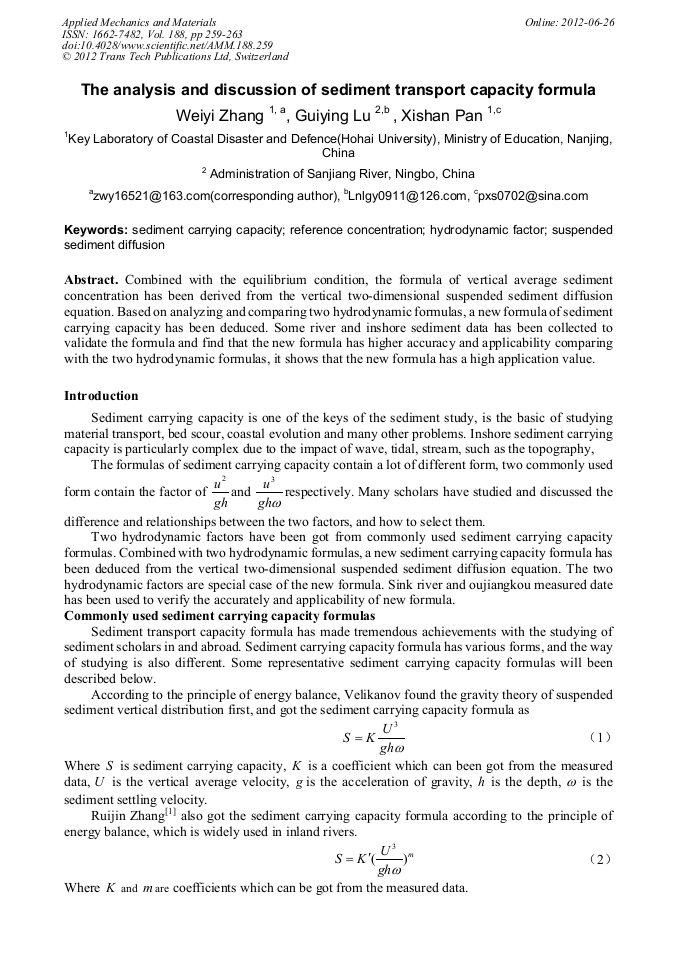 The Analysis and Discussion of Sediment Transport Capacity Formula ...