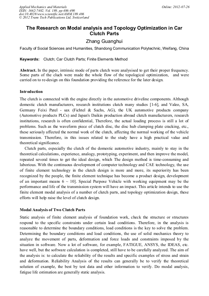 The Research on Modal Analysis and Topology Optimization in Car Clutch ...