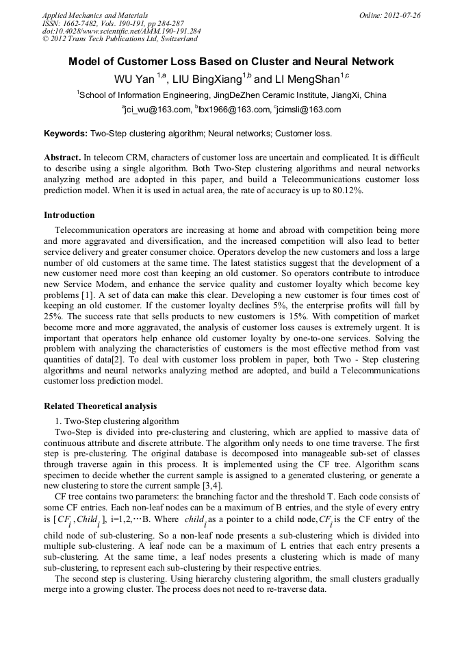 Model of Customer Loss Based on Cluster and Neural Network | Scientific.Net
