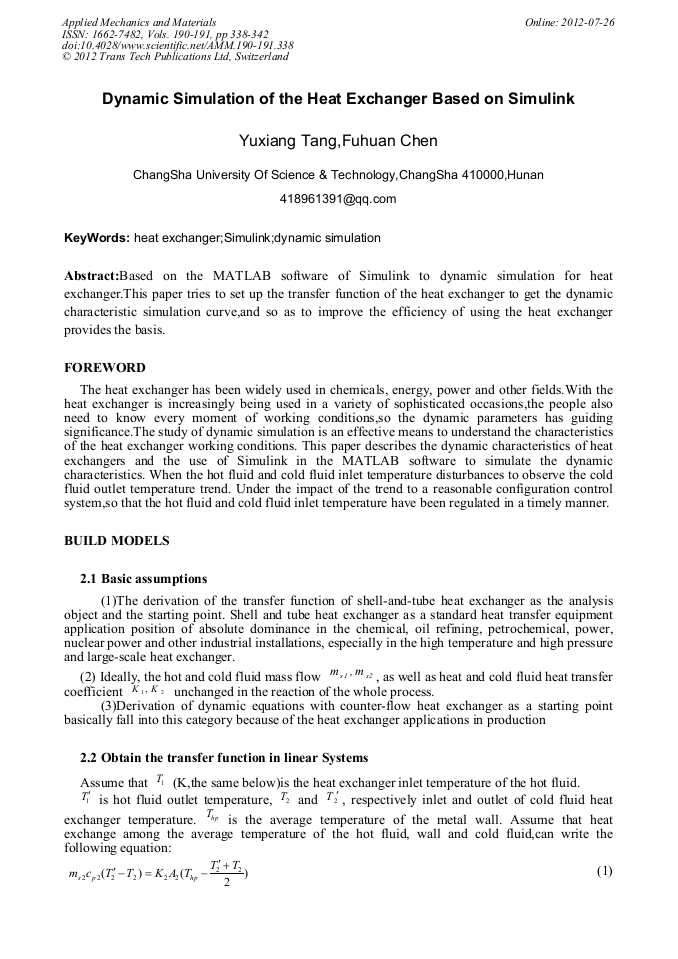 Dynamic Simulation of the Heat Exchanger Based on Simulink | Scientific.Net