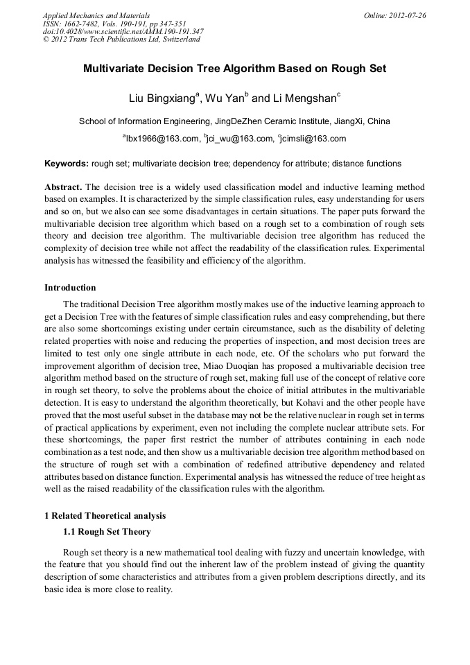 Multivariate Decision Tree Algorithm Based on Rough Set | Scientific.Net