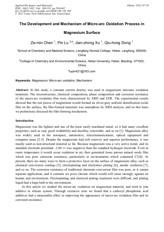The Development and Mechanism of Micro-Arc Oxidation Process in ...