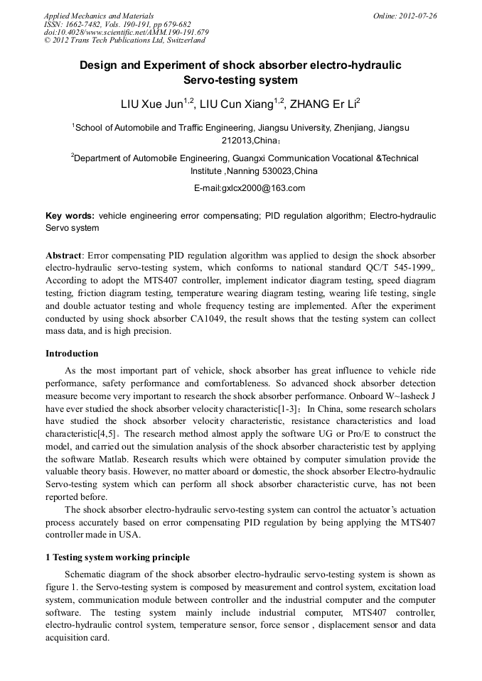 Design and Experiment of Shock Absorber Electro-Hydraulic Servo-Testing ...