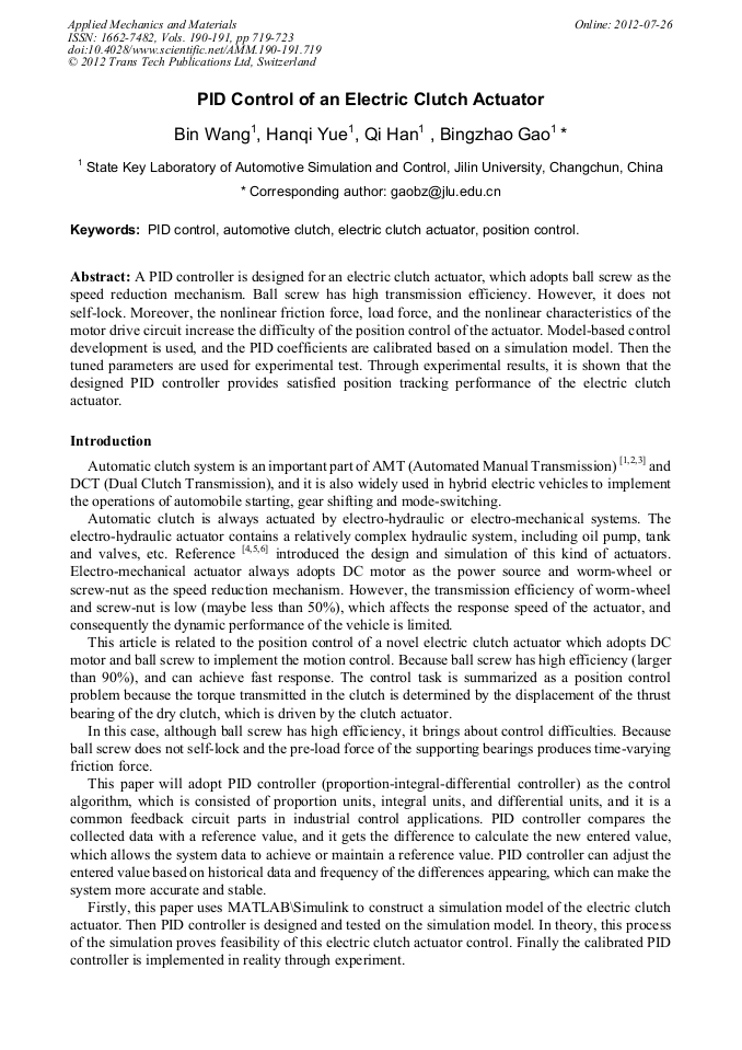 PID Control of an Electric Clutch Actuator | Scientific.Net