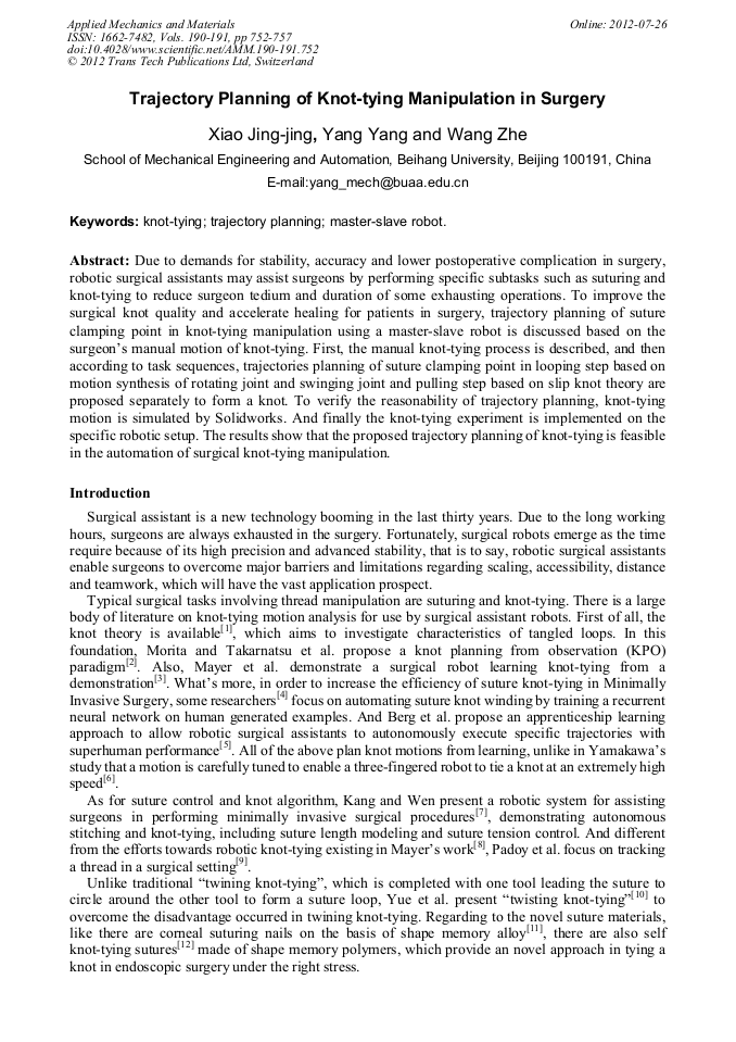 Trajectory Planning of Knot-Tying Manipulation in Surgery | Scientific.Net