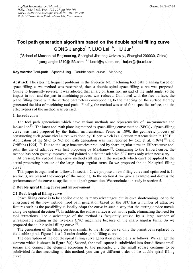 Tool Path Generation Algorithm Based on the Double Spiral Filling Curve | Scientific.Net