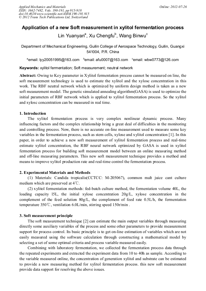 Application of a New Soft Measurement in Xylitol Fermentation Process ...