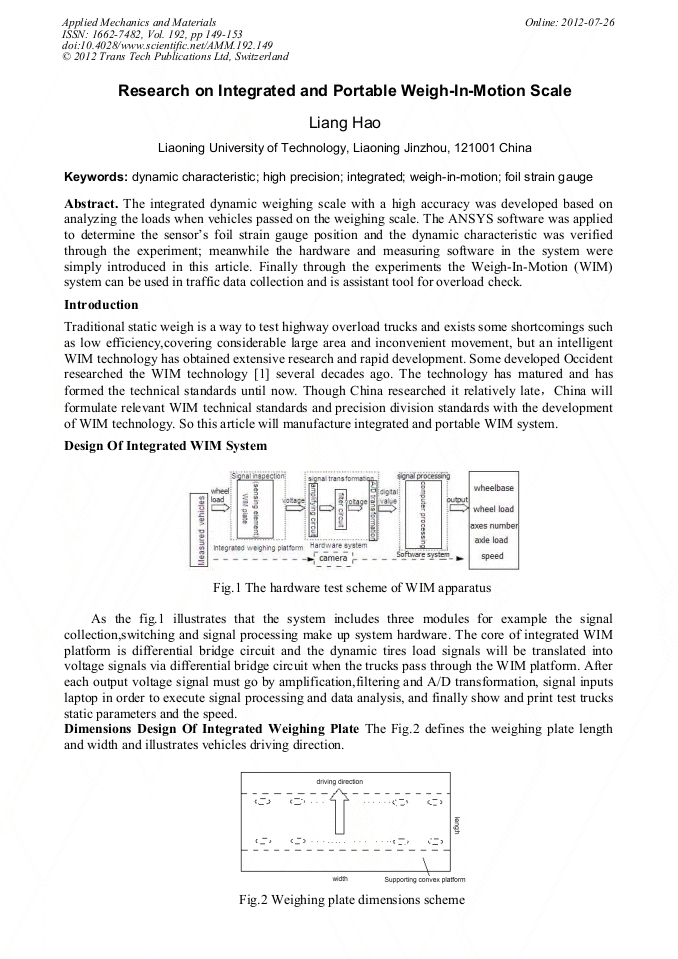 Research on Integrated and Portable Weigh-in-Motion Scale | Scientific.Net