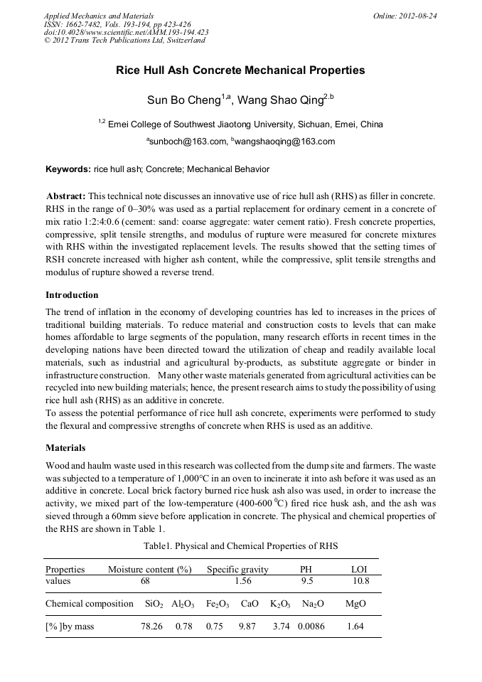 Rice Hull Ash Concrete Mechanical Properties | Scientific.Net