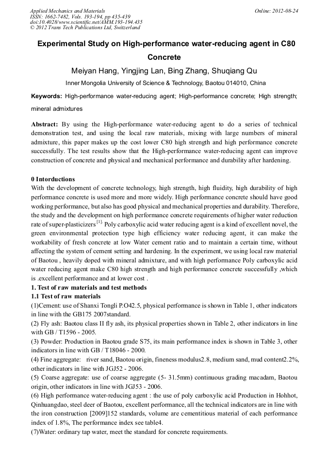 Experimental Study on High-Performance Water-Reducing Agent in C80 ...