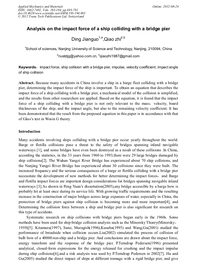 Analysis on the Impact Force of a Ship Colliding with a Bridge Pier ...