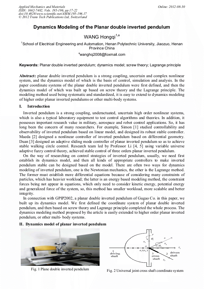 Dynamics Modeling of the Planar Double Inverted Pendulum | Scientific.Net