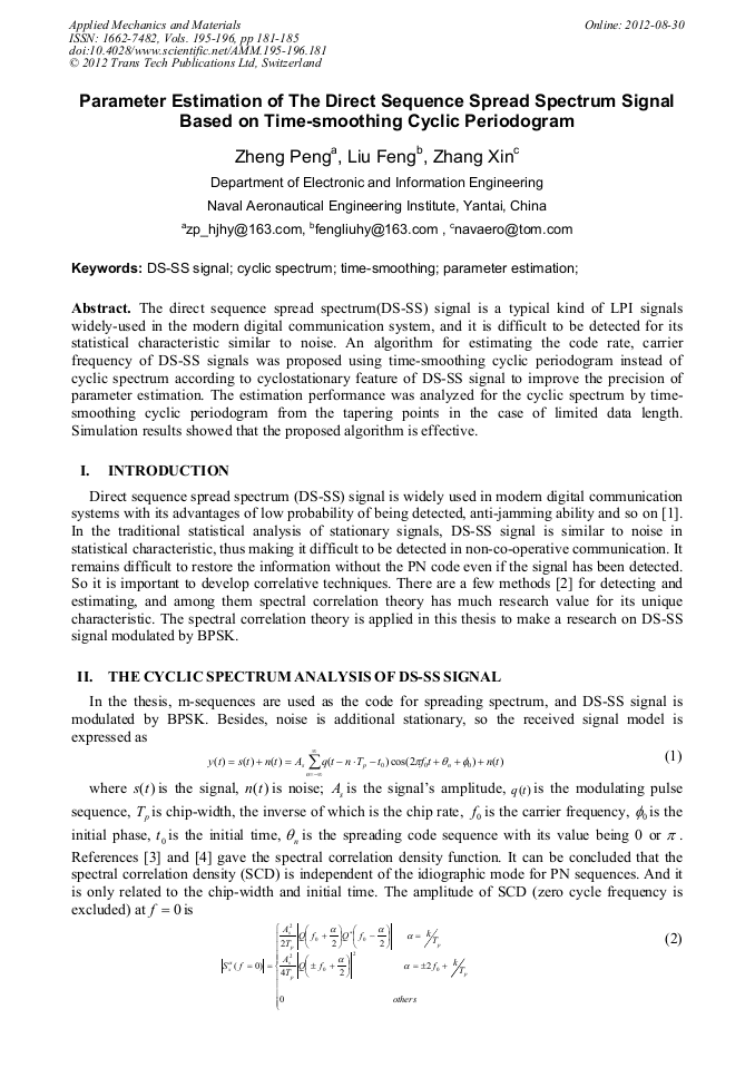 Parameter Estimation of the Direct Sequence Spread Spectrum Signal Based on Time-Smoothing ...