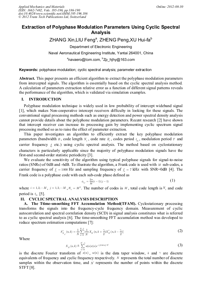 Extraction of Polyphase Modulation Parameters Using Cyclic Spectral Analysis | Scientific.Net